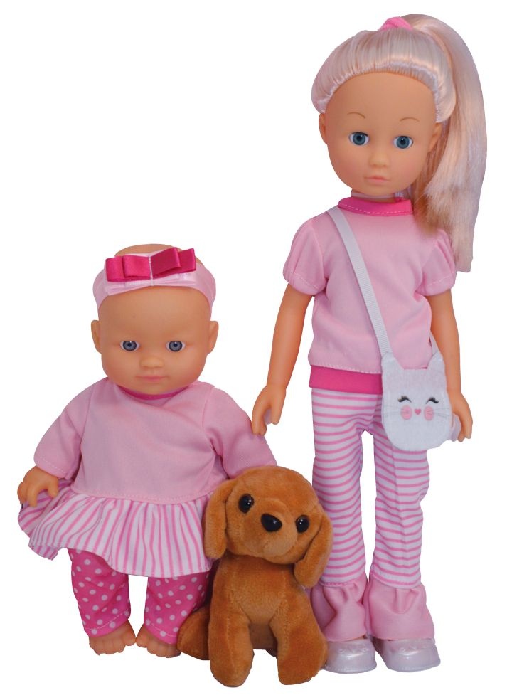 Bambolina Zussen poppen (35/20cm) met pluche hondje en accessoires - t ...