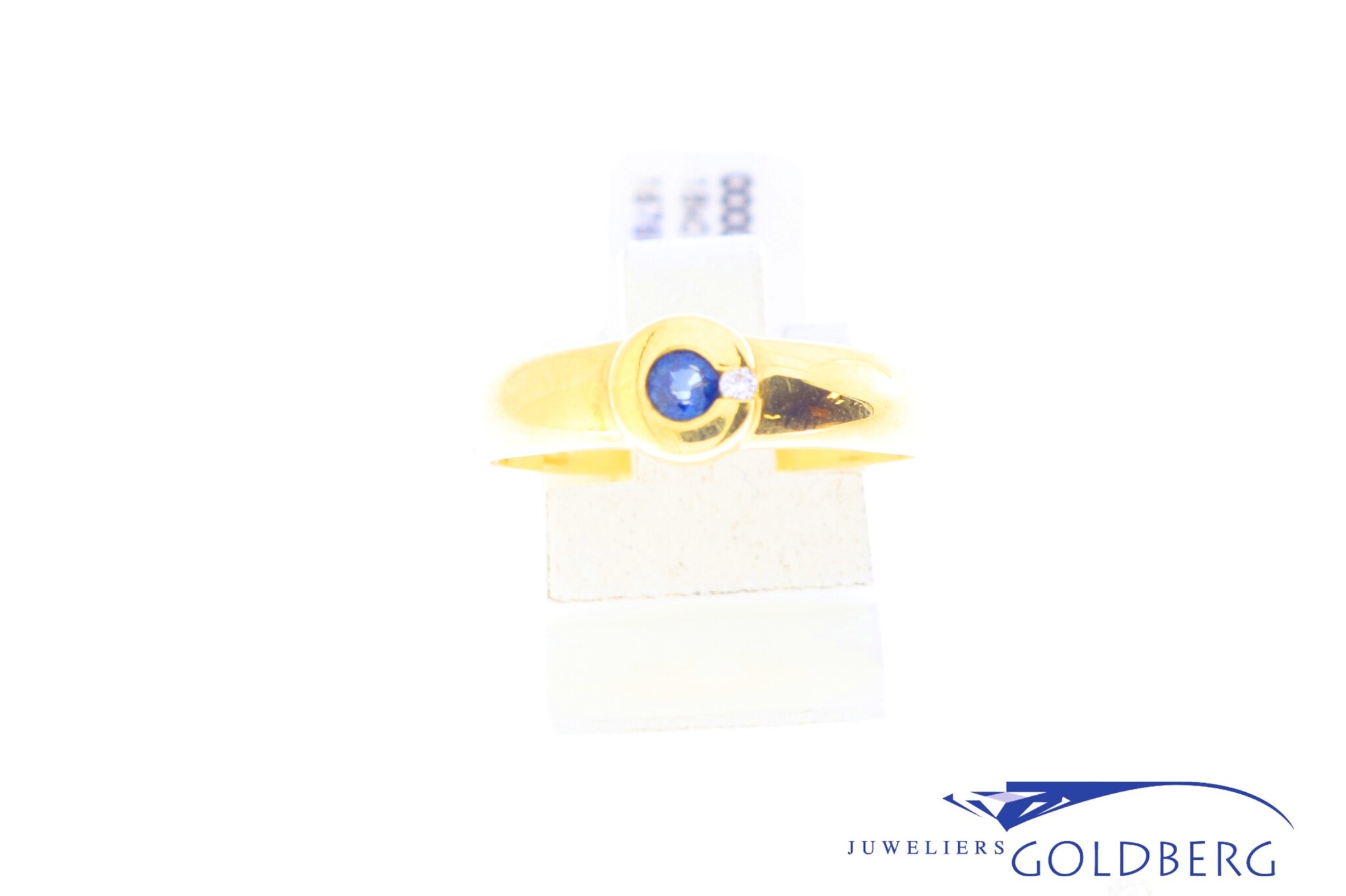 18k gouden vintage ring met blauwe saffier en diamant - Goldberg
